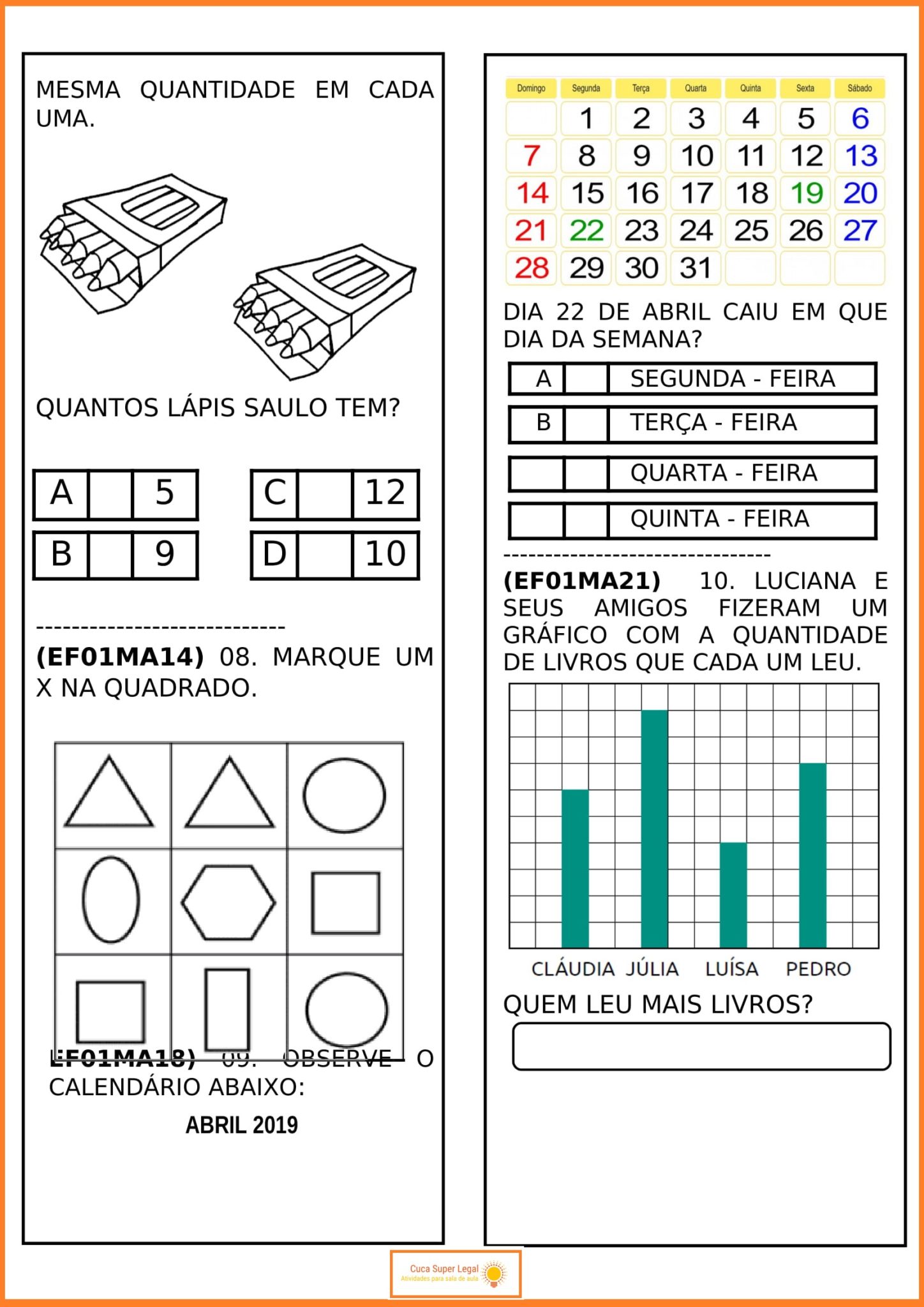 1º ANO - AVALIAÇÃO DE MATEMÁTICA - Cuca Super legal - Educação ...