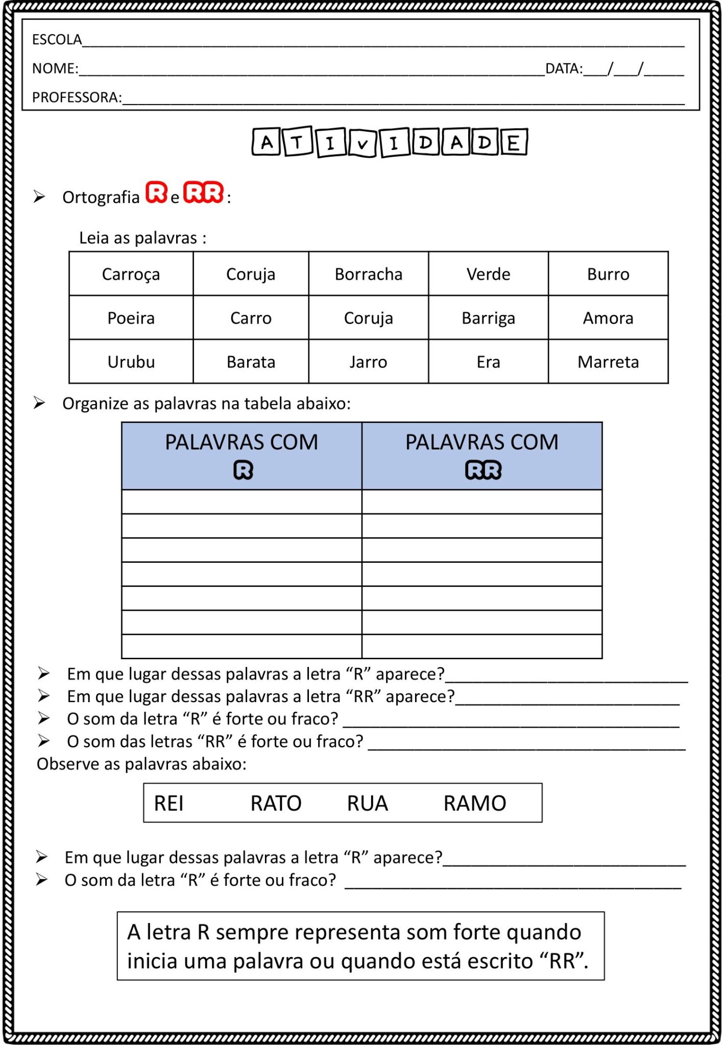 3º ANO- Atividade de leitura, interpretação e ortografia (RR e SS ...