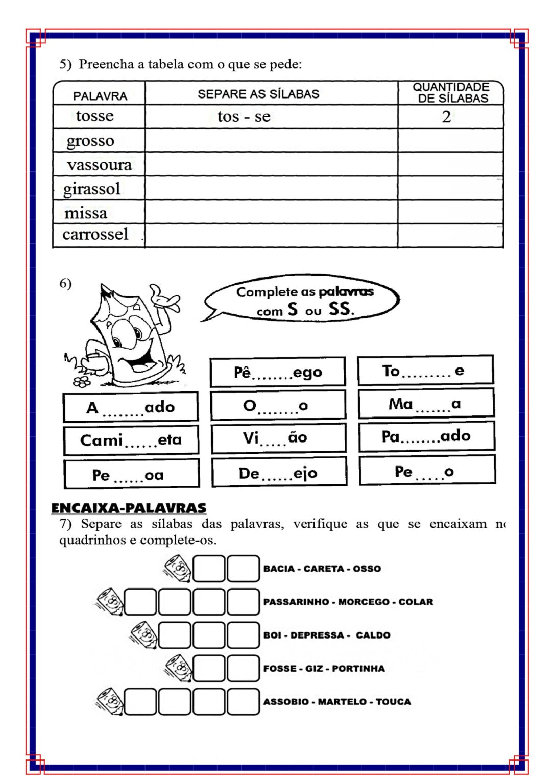 1º e 2º ano - ATIVIDADES DE ORTOGRAFIA - SÍLABAS COM SS - Cuca Super ...