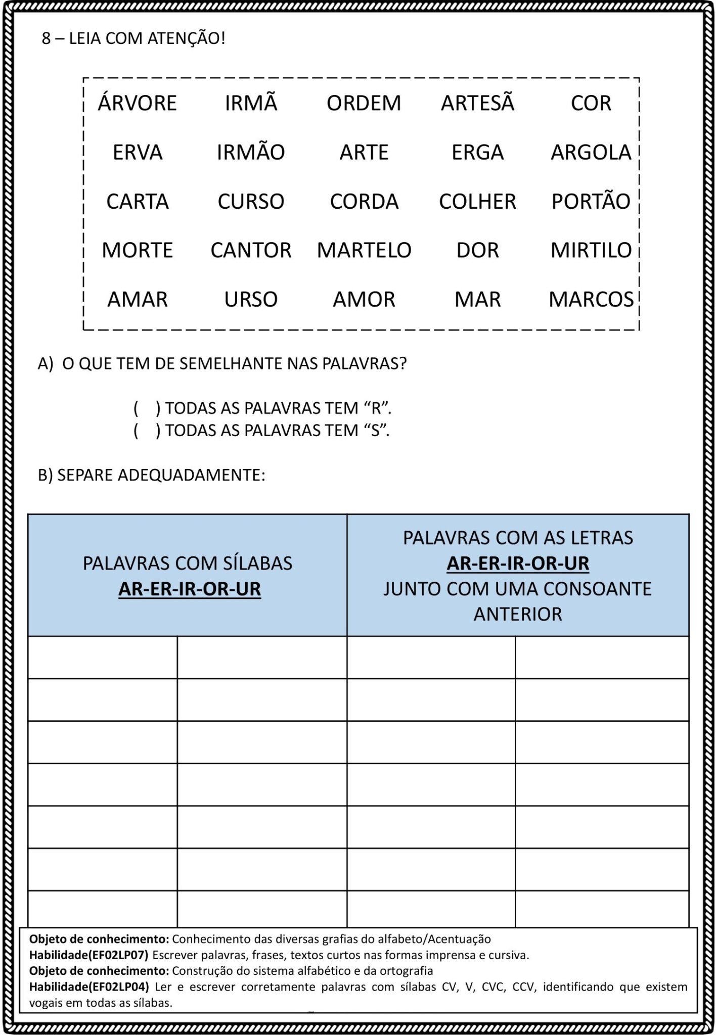 2º, 3º e 4º anos - Atividades de ortografia: AR -ER - IR -OR - UR ...