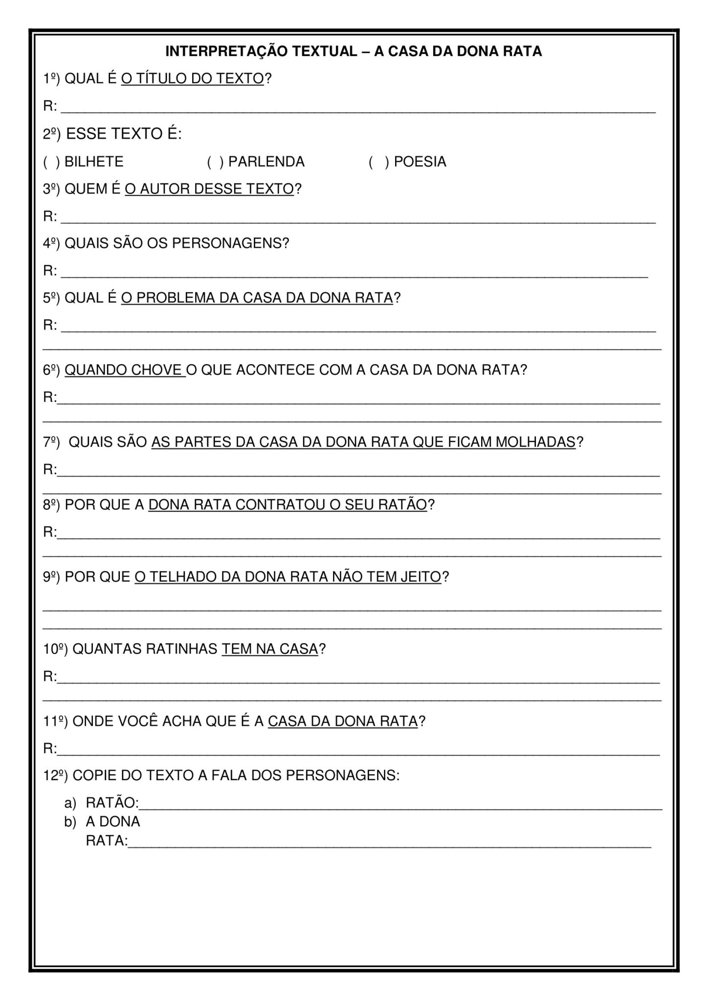 2º e 3º ano - Leitura e interpretação de texto: A Casa da Dona Rata ...
