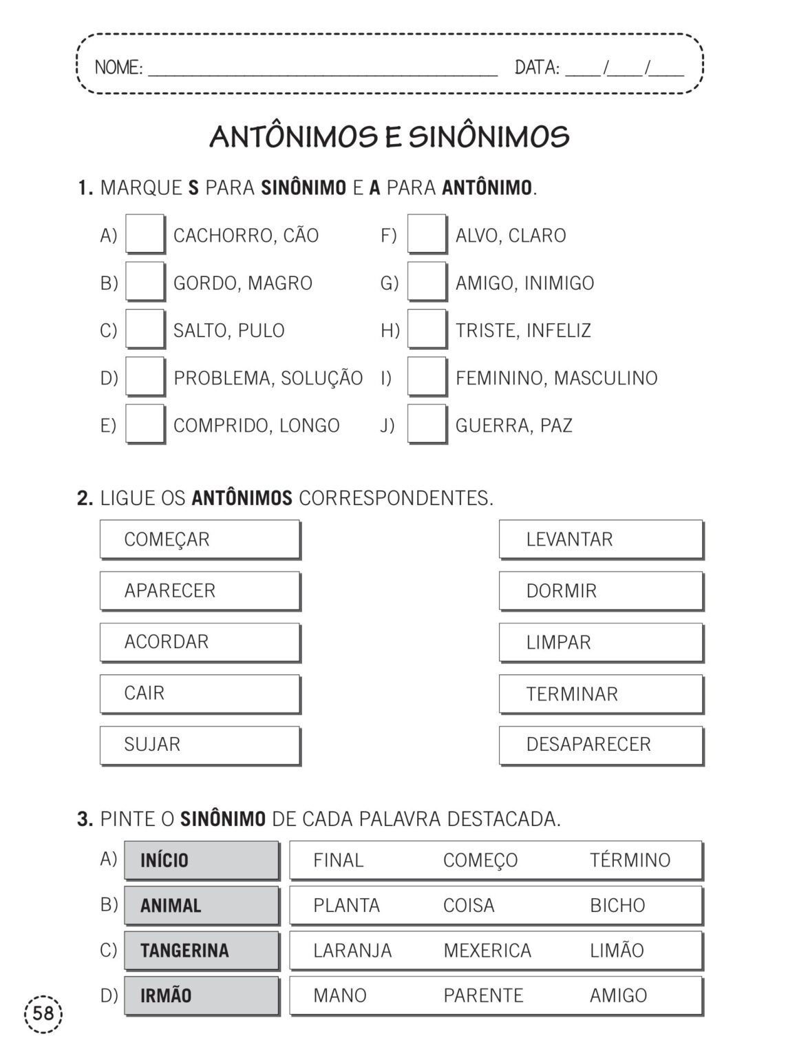 1º e 2º ano - Atividades de língua portuguesa - Antônimo e sinônimo ...