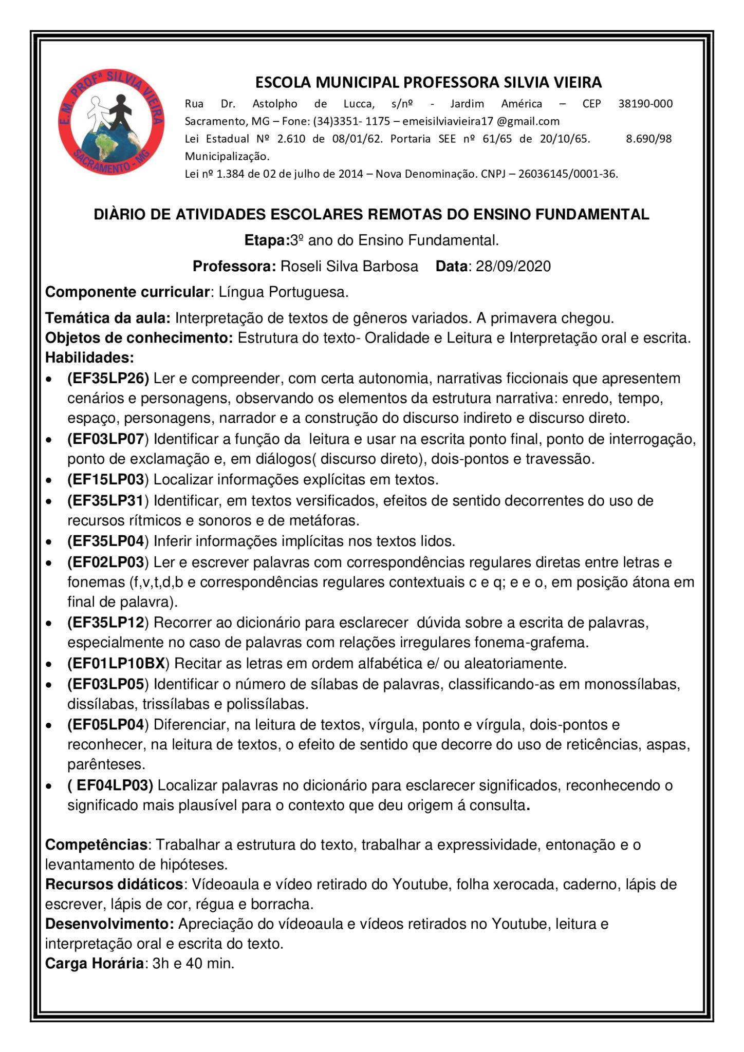 3º ANO - PLANO DE AULA E ATIVIDADES DE LÍNGUA PORTUGUESA: leitura e ...