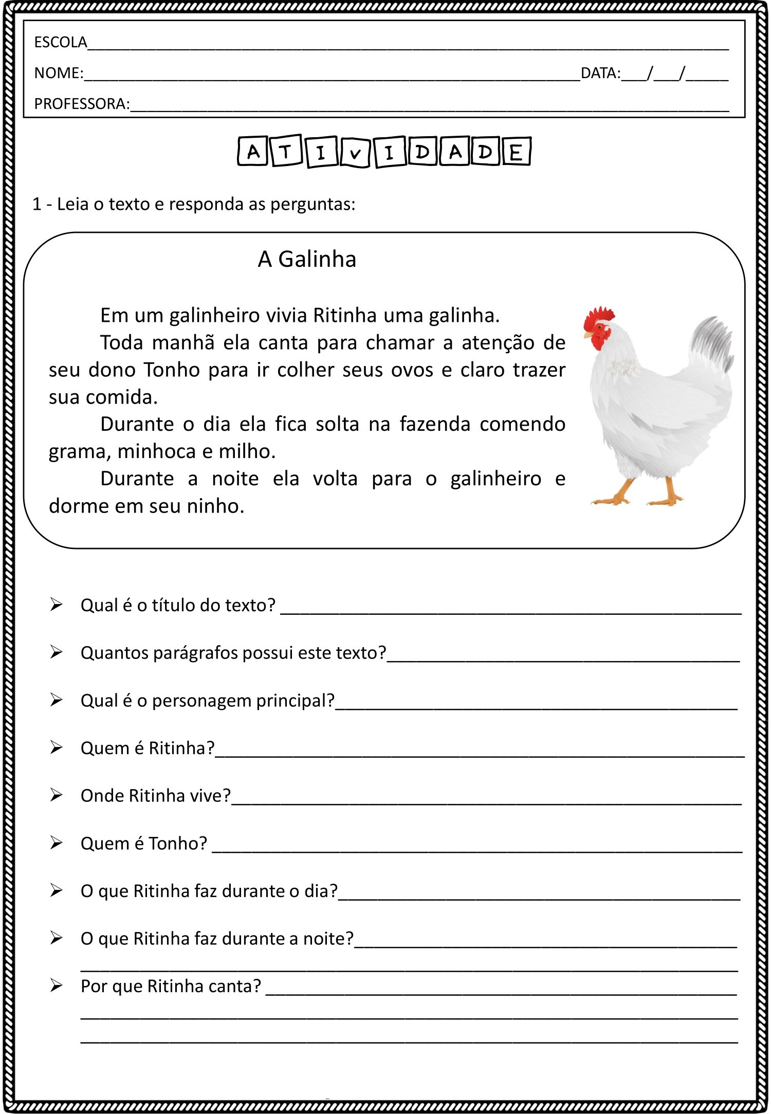 3º ANO - Texto: A galinha - interpretação de texto e ortografia NH ...