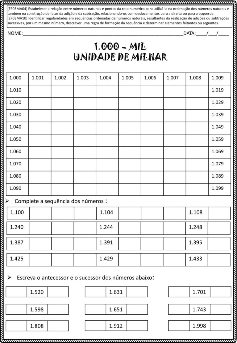 3º ao 5º ano - Atividades de matemática envolvendo unidade de milhar ...