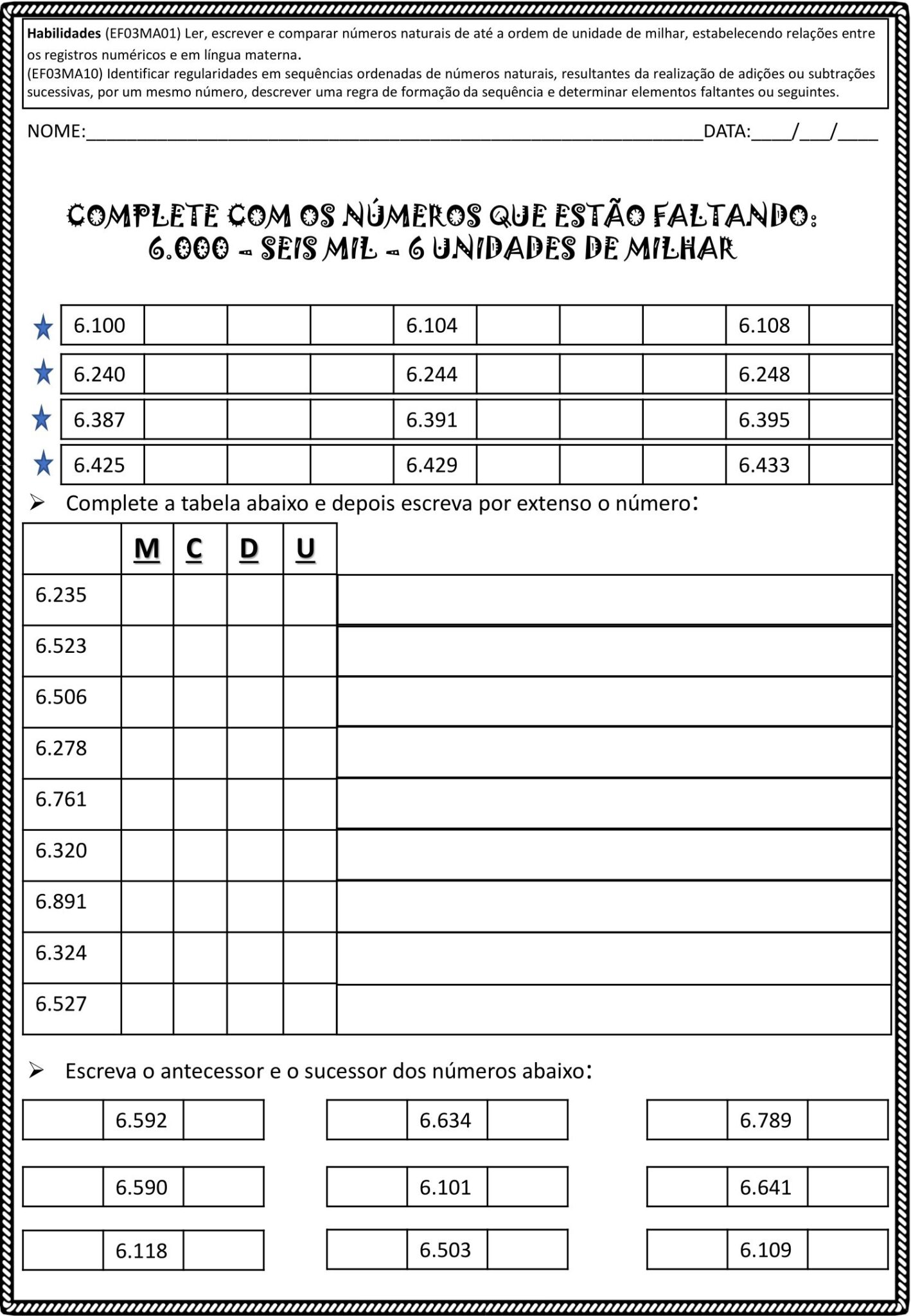 3º ao 5º ano - Atividades de matemática envolvendo unidade de milhar ...