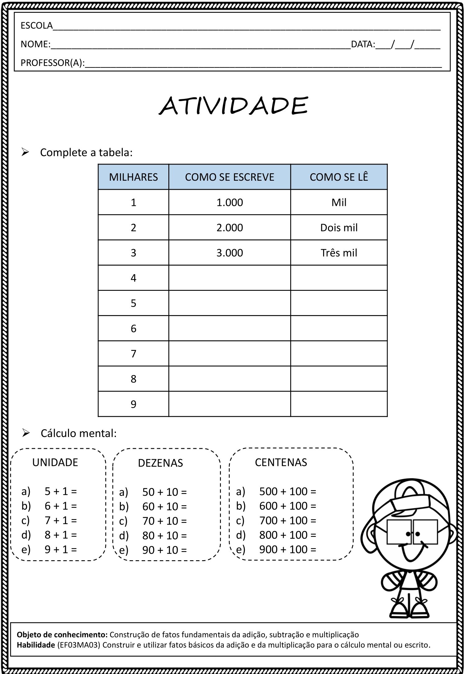 3º ANO - ATIVIDADES DE MATEMÁTICA - NÚMEROS E QUANTIDADES MILHAR - Cuca ...