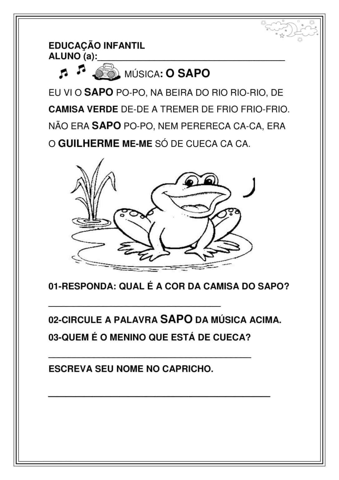 1º ano - Atividades de leitura e escrita - música: O sapo - Cuca Super ...