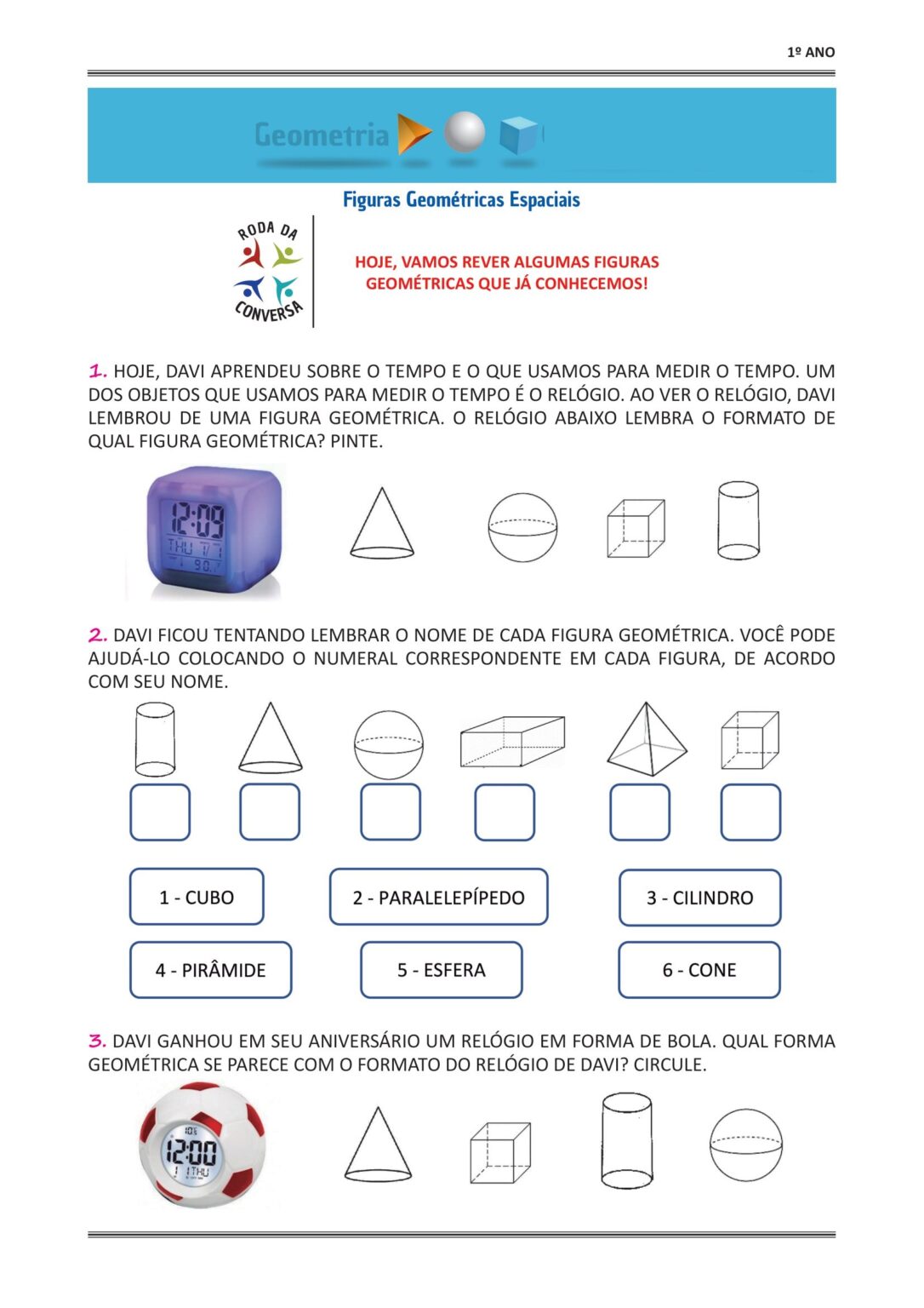 1º ano - Atividades de matemática - Figuras geométricas espaciais ...
