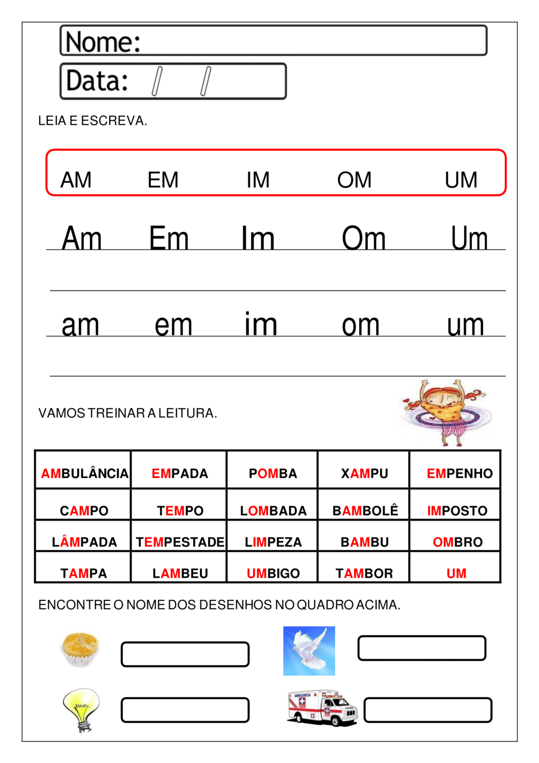 1º e 2º anos - ATIVIDADES DE ORTOGRAFIA - AM - EM - IM - OM - UM - Cuca ...