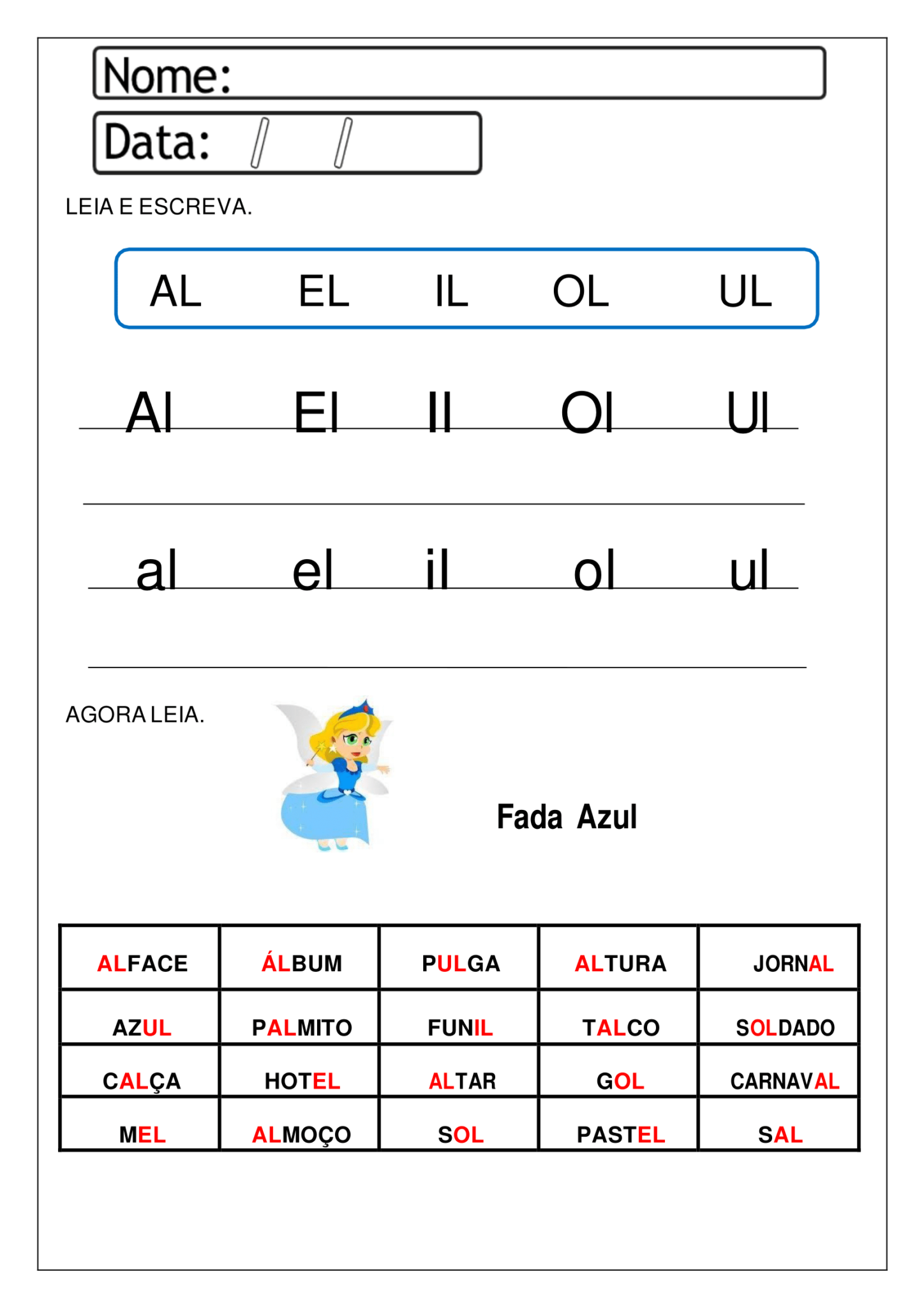 1º e 2º anos - ATIVIDADES DE ORTOGRAFIA AL - EL - IL - OL - UL - Cuca ...