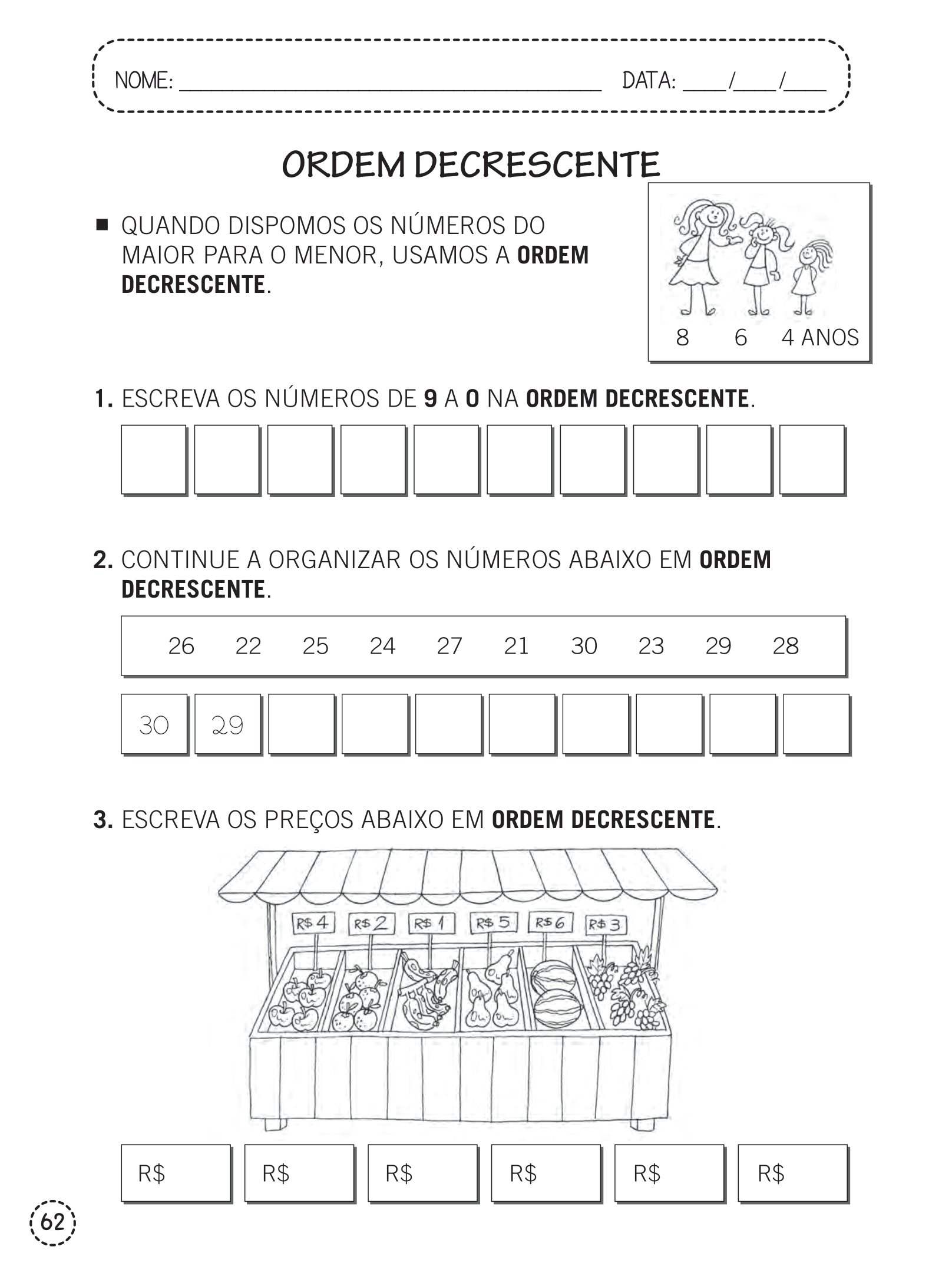 1º ANO - Atividades de matemática - ordem crescente e descrescente ...