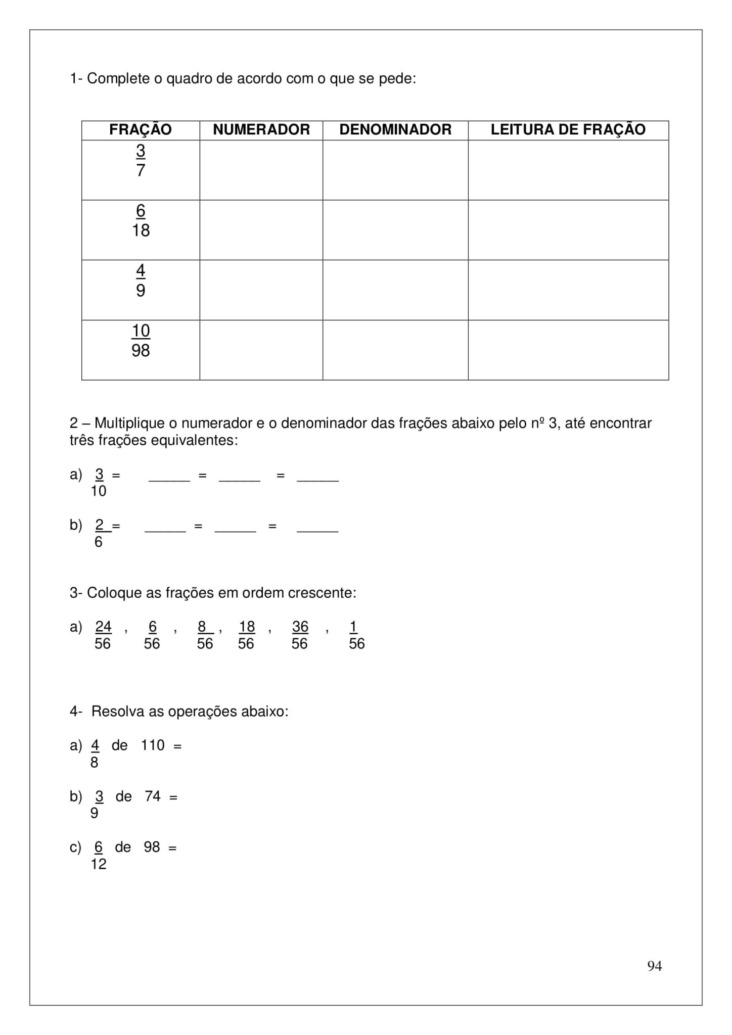 4º e 5º anos - ATIVIDADES DE MATEMÁTICA - FRAÇÕES ( OPERAÇÕES E ...